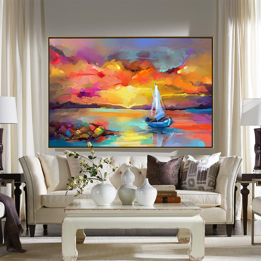 Beautiful seascape with a boat on the background of a bright sunset ...